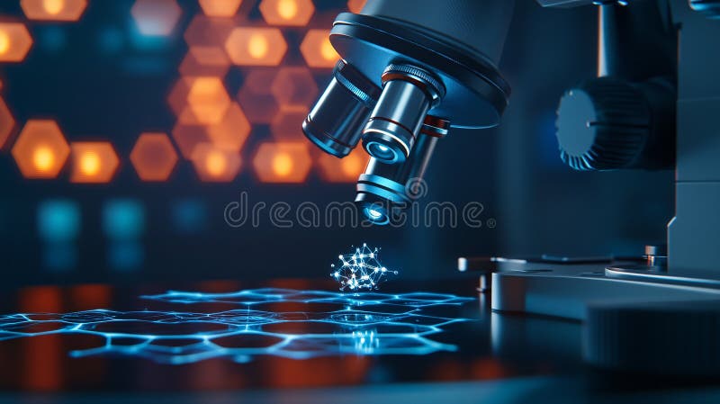 Modern Microscope with Blue Light and Hexagonal Pattern Stock ...
