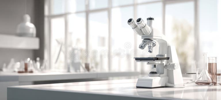 The Modern Microscope in a Bright Laboratory Setting with Glassware. AI ...
