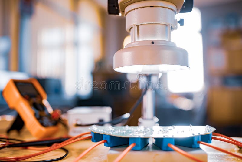 Modern Microscope, Connectors Component and Large Green Microcircuit in ...