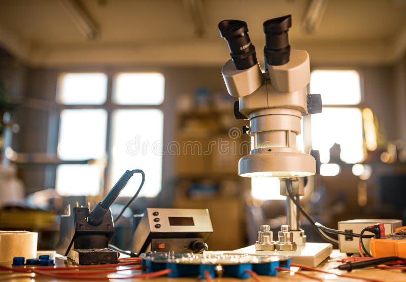 Modern Microscope, Connectors Component and Large Green Microcircuit in ...