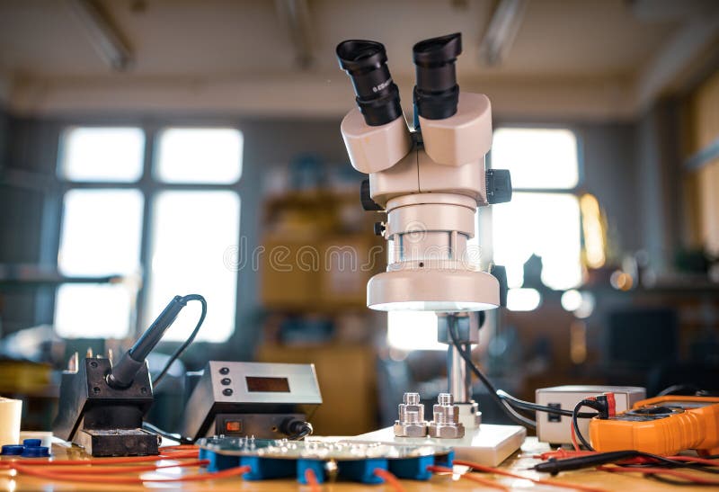 Modern Microscope, Connectors Component and Large Green Microcircuit in ...