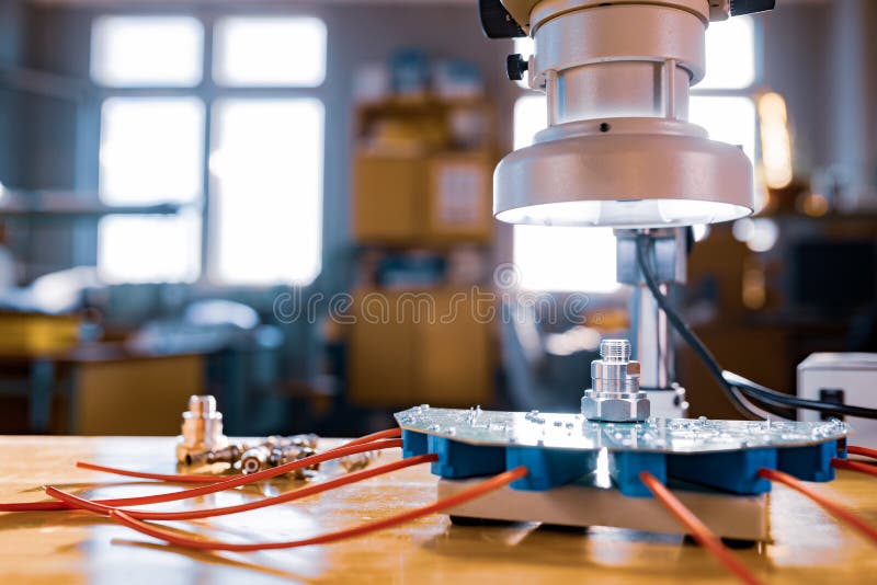 Modern Microscope, Connectors Component and Large Green Microcircuit in ...
