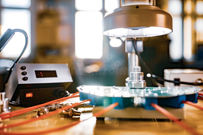 Modern Microscope, Connectors Component and Large Green Microcircuit in ...
