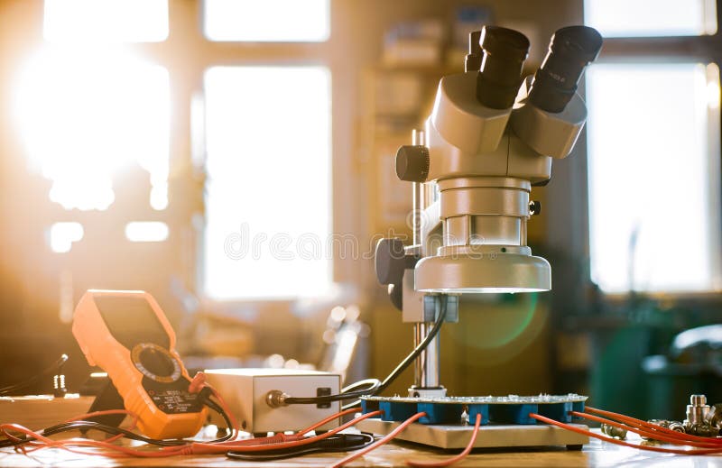 Modern Microscope, Connectors Component and Large Green Microcircuit in ...