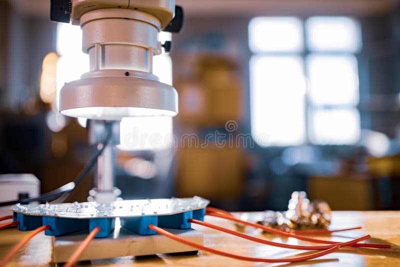 Modern Microscope, Connectors Component and Large Green Microcircuit in ...