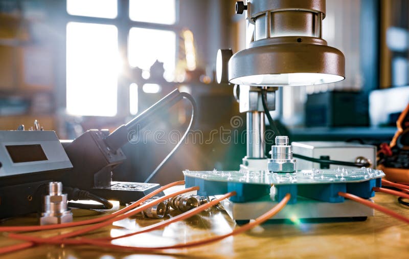 Modern Microscope, Connectors Component and Large Green Microcircuit in ...