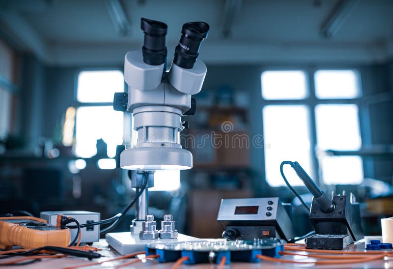 Modern Microscope, Connectors Component and Large Green Microcircuit in ...