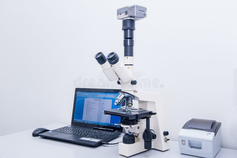 Modern Microscope Equipped with Digital Camera and Computer in Clinic ...