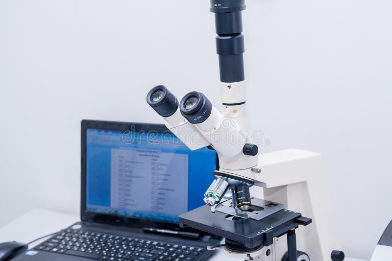 Modern Microscope Equipped with Digital Camera and Computer in Clinic ...