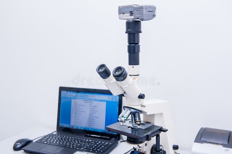 Modern Microscope Equipped with Digital Camera and Computer in Clinic ...