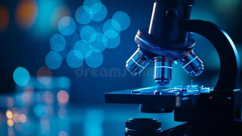 Modern Microscope in Lab, Illuminated by Blue Light, Showcases ...