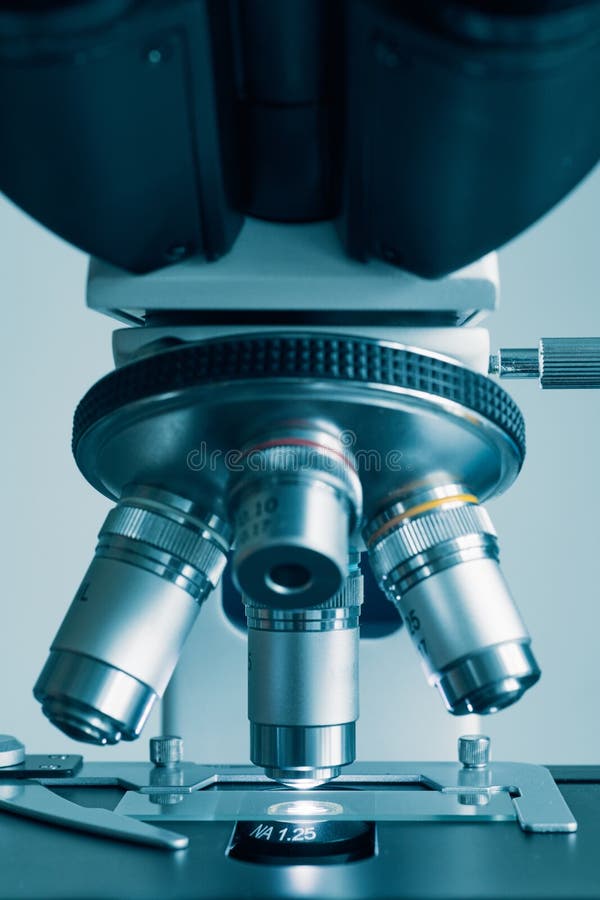 Modern Microscope with Metal Lens at Laboratory. Stock Image - Image of ...