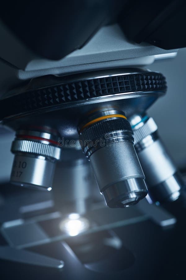 Modern Microscope with Metal Lens at Laboratory. Stock Photo - Image of ...