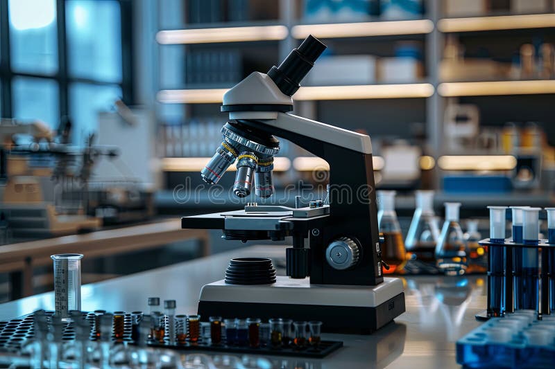 A Modern Microscope is Positioned on a Lab Bench, Surrounded by Beakers ...