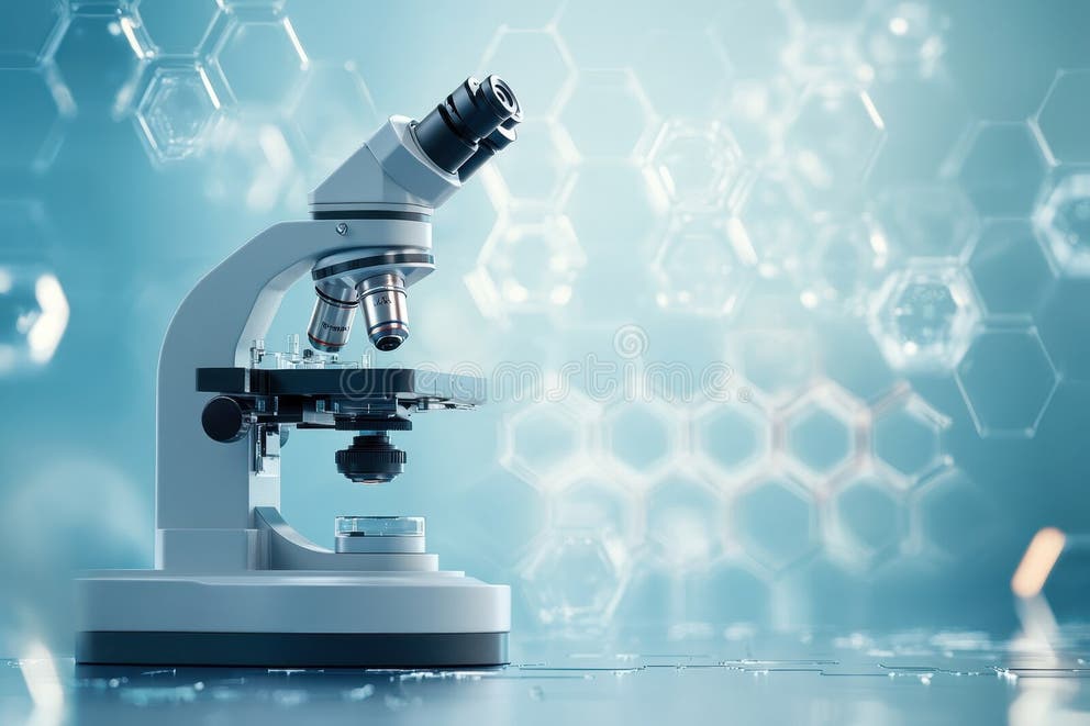 Modern Microscope Positioned on a Laboratory Table with a Blue ...