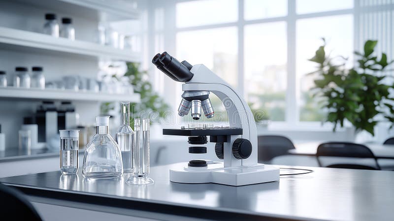 Modern Microscope is Prominently Displayed on Lab Table Surrounded by ...