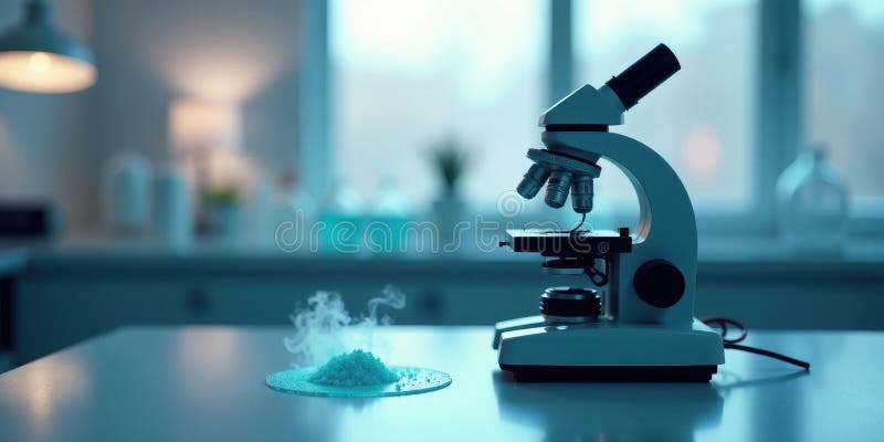 A Modern Microscope beside a Sample Emitting Vapor in a Laboratory ...