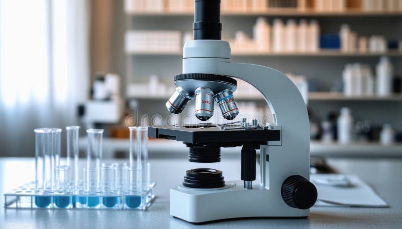Modern Microscope Standing on Desk in a Bright Laboratory Setting Stock ...