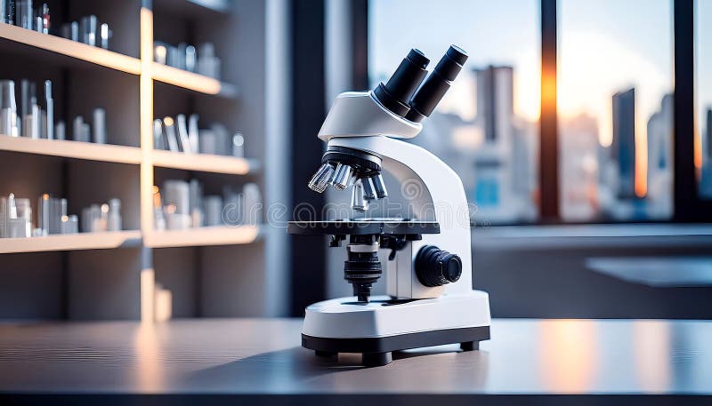 A Modern Microscope Stands on a Laboratory Table, Ready for Scientific ...