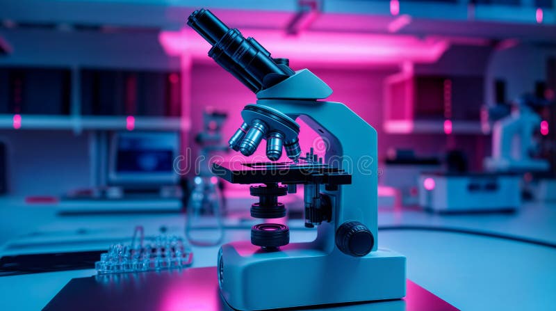 Modern Microscope Stands on Table in Laboratory with Neon Lighting ...