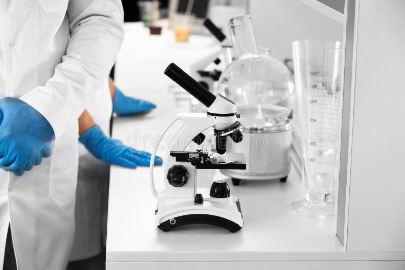 Modern Microscope on Table in Laboratory Stock Image - Image of ...