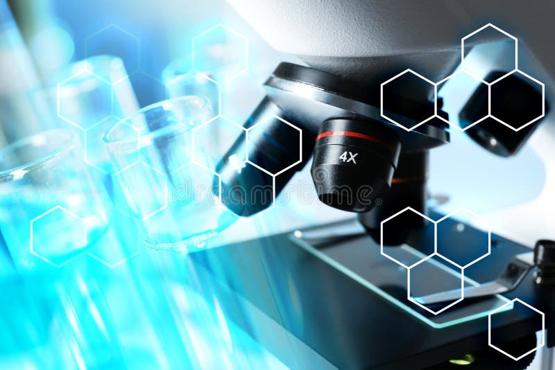 Modern Microscope and Test Tubes. Experimental Chemistry Stock Photo ...