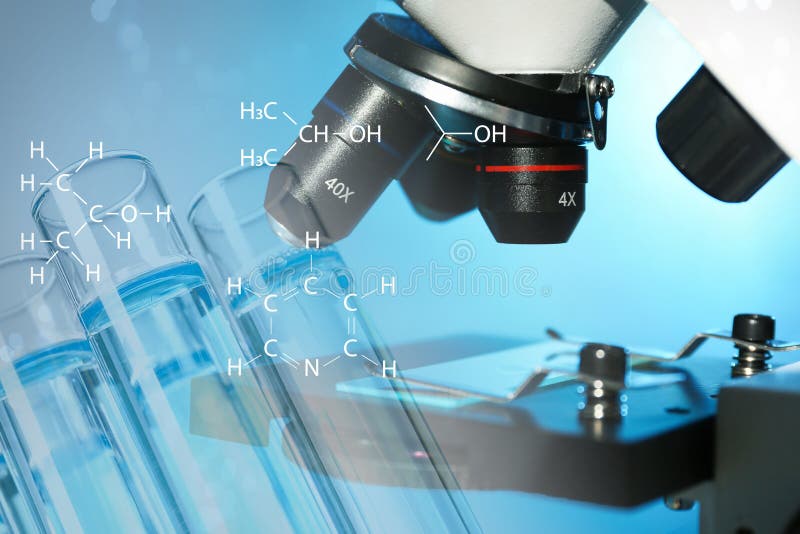 Modern Microscope and Test Tubes. Experimental Chemistry Stock Photo ...