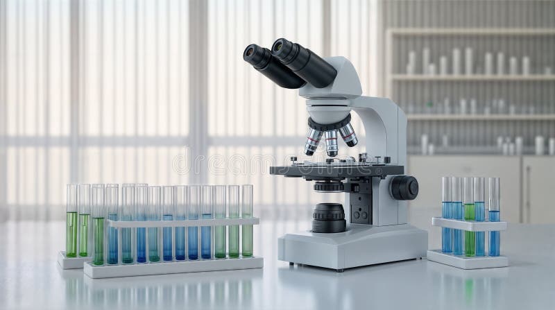 Modern Microscope and Test Tubes in Laboratory Setting Stock Photo ...