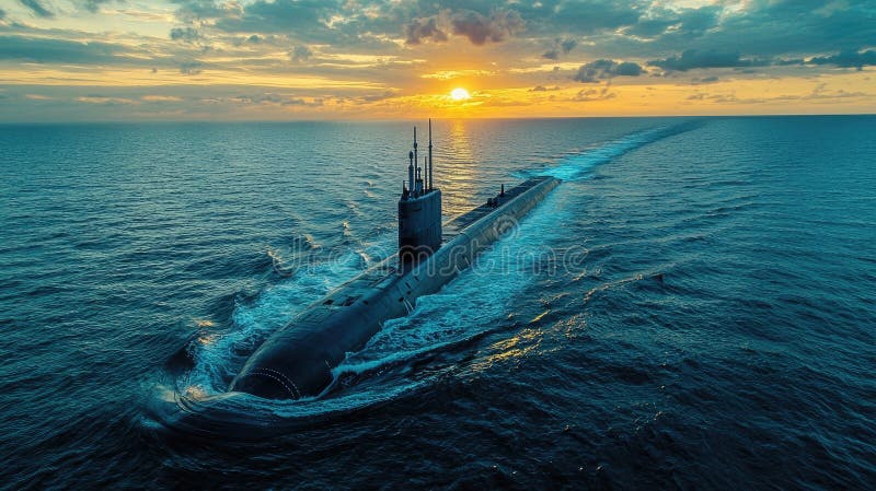 Modern Military Submarine Navigating the Ocean at Sunset Stock ...
