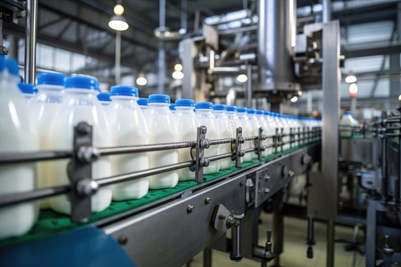 Modern Milk Production Plant with Bottles on Conveyor Belt Stock Image ...