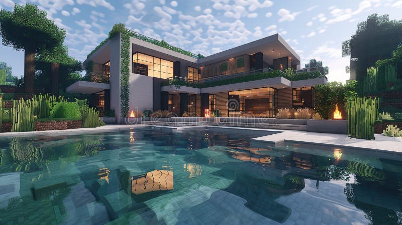 Modern Minecraft Mansion with Swimming Pool Stock Illustration ...