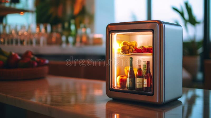 Modern Mini Fridge with Illuminated Interior Stock Illustration ...