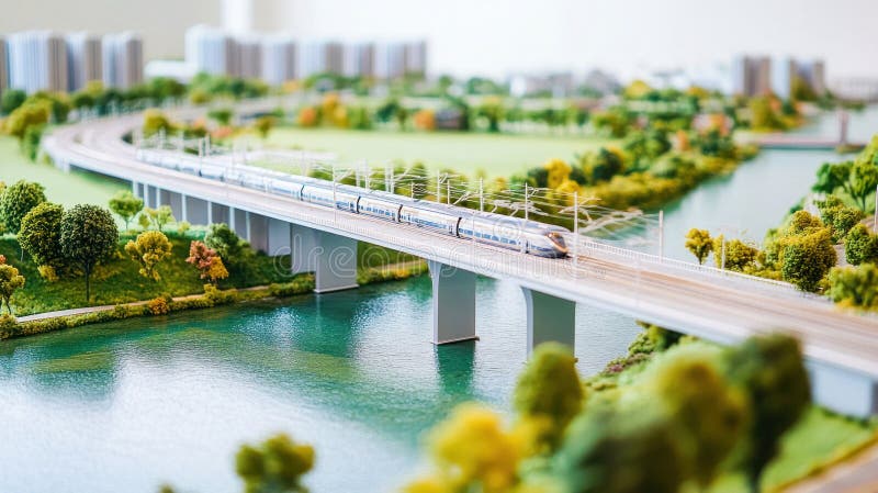 Modern Miniature High-speed Train Crossing Bridge in Urban Landscape ...