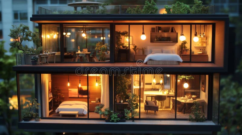 Modern Miniature Two-Story House Model at Night Stock Illustration ...