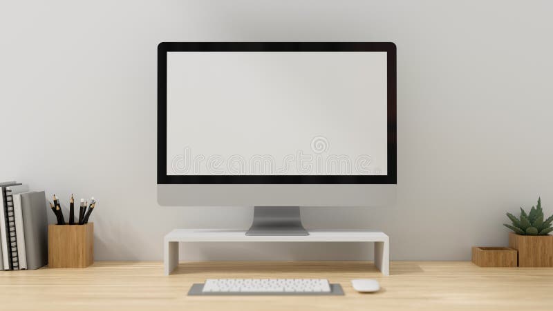 A Modern Minimal Computer Desk with Pc Computer Mockup on Wooden Table ...