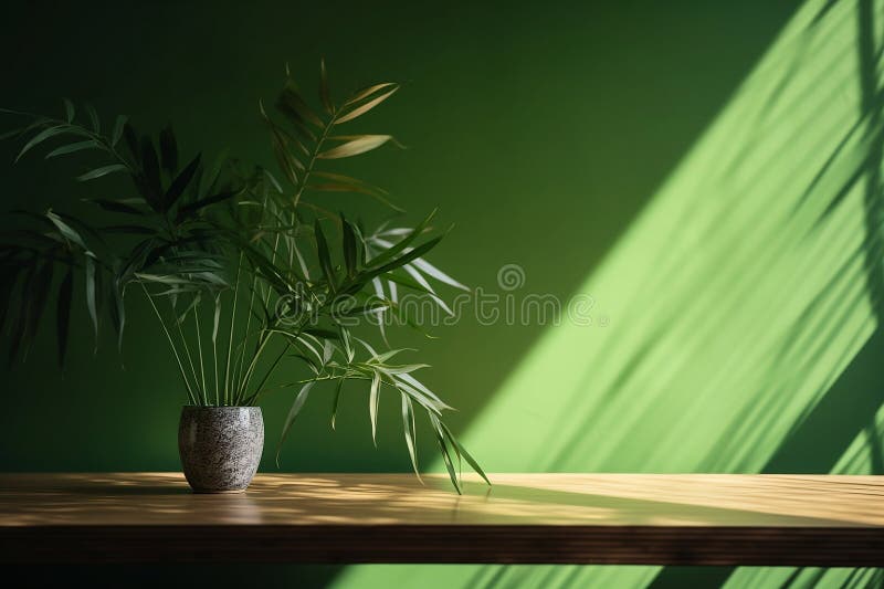 Modern Minimal Empty Matte Green Counter Table Top with Tropical Plant ...
