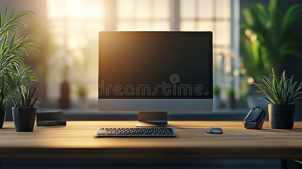 Modern, Minimal Home Office with Desk, Computer, and Sunlit Window ...