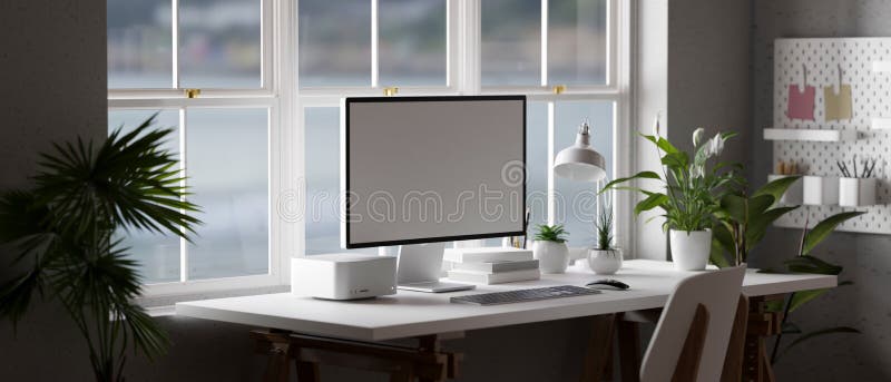Modern Minimal Home Office Workplace Against the Window with PC ...