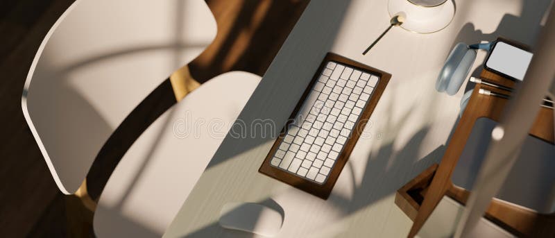 Modern Minimal Office Computer Desk with White Chair. Close-up Stock ...