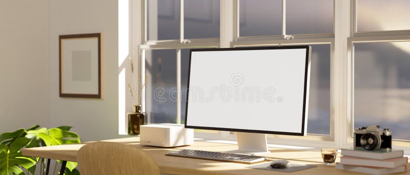 Modern Minimal Office Desk with PC Desktop Computer and Accessories ...
