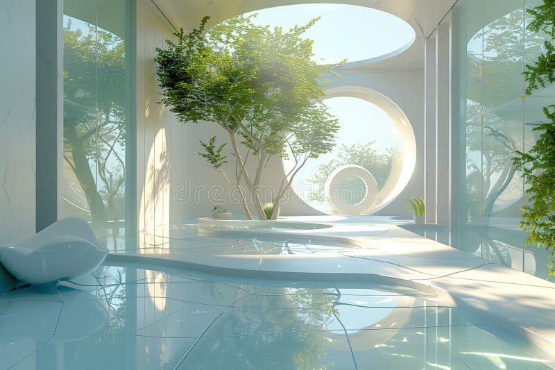 Modern Minimal Open Space Interior Green Plant Filled with Warm ...