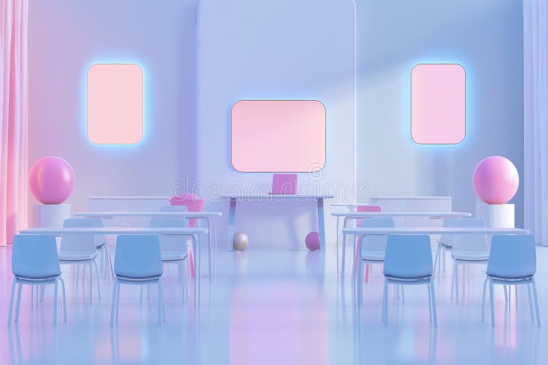 Modern Minimal Study Classroom Interior with Table, Chair and Screen ...