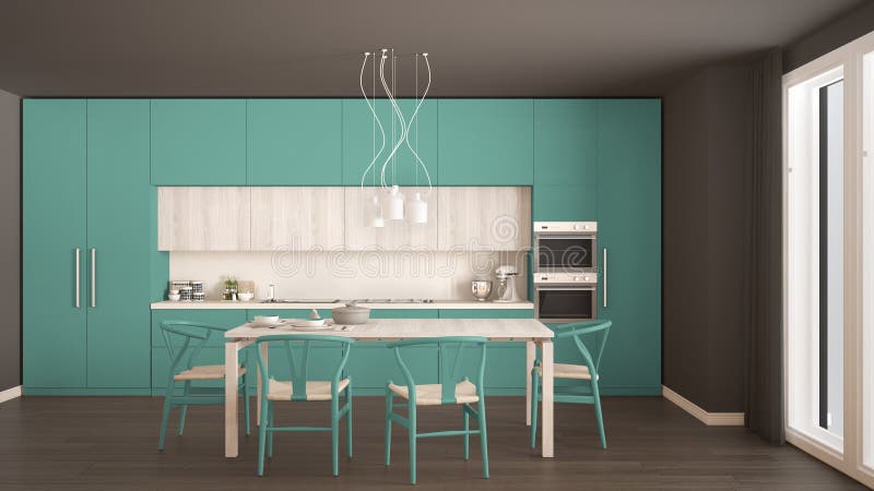 Modern Minimal Turquoise Kitchen with Wooden Floor, Classic Interior ...