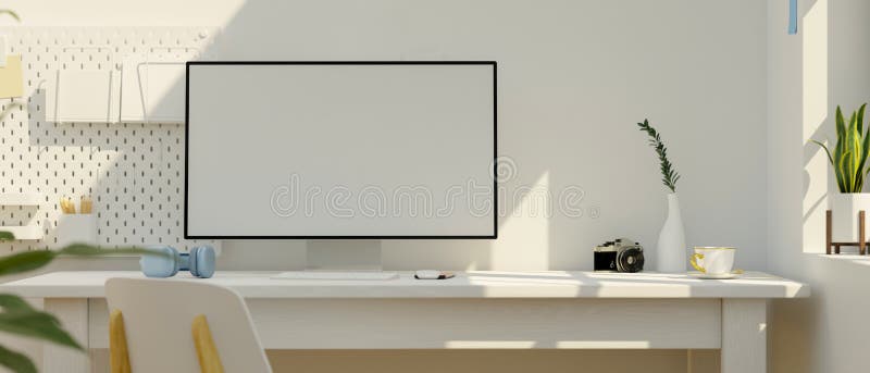 Modern Minimal White Home Office Studio Interior Design with Pc Desktop ...