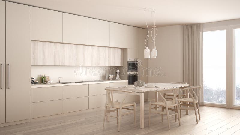 Modern Minimal White Kitchen with Wooden Floor, Classic Interior Stock ...