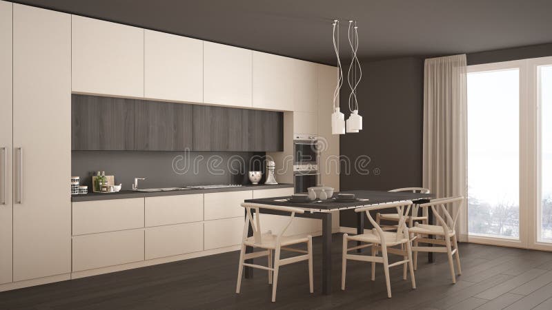 Modern Minimal White Kitchen with Wooden Floor, Classic Interior Stock ...