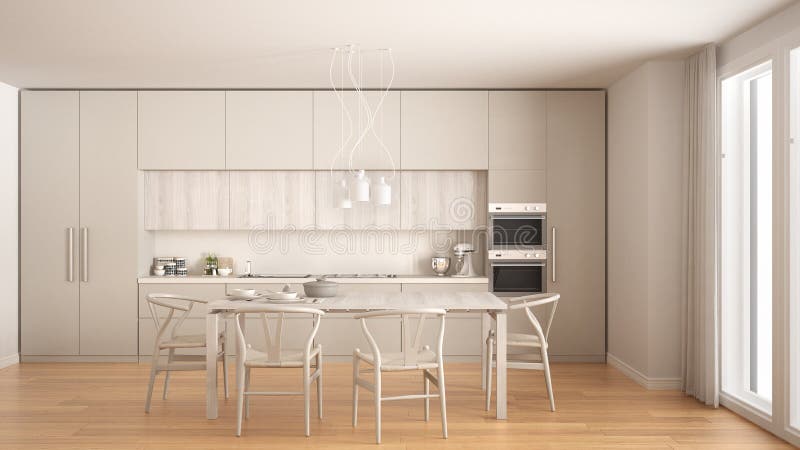 Modern Minimal White Kitchen with Wooden Floor, Classic Interior Stock ...