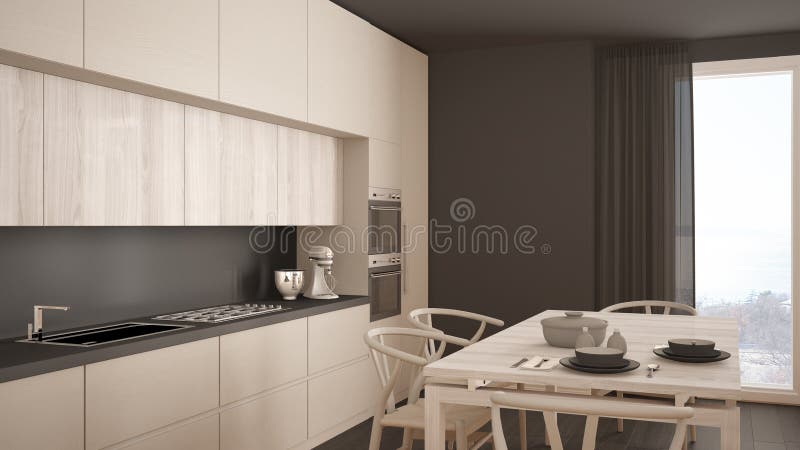 Modern Minimal White Kitchen with Wooden Floor, Classic Interior Stock ...