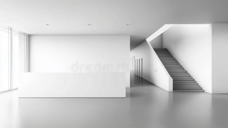 Modern and Minimal White Reception Area with Staircase Stock ...