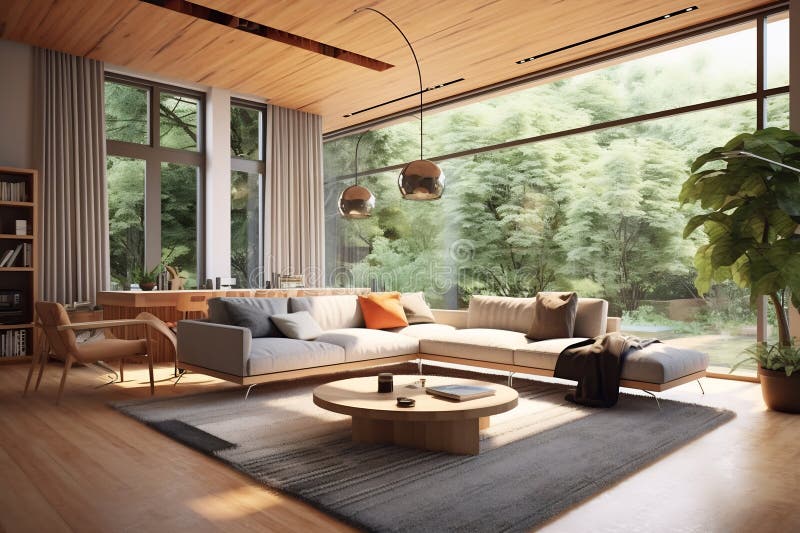 Modern Minimalism Style Drawing-room Interior with Big Windows and Lot ...